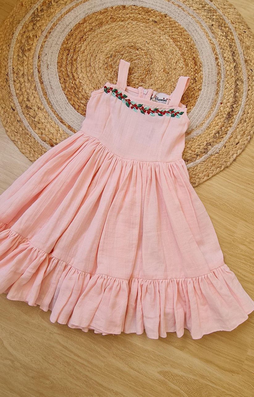 Baby Pink Hand-Embroidered Muslin Frock-KD0007 – Bhamini Designer Studio